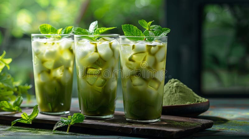 A Refreshing Matcha Drink Garnished with Fresh Mint Leaves, Captured in ...
