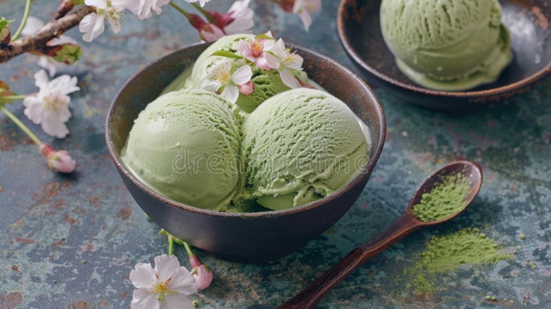 Refreshing Matcha Green Tea Ice Cream with Cherry Blossoms Stock Photo ...