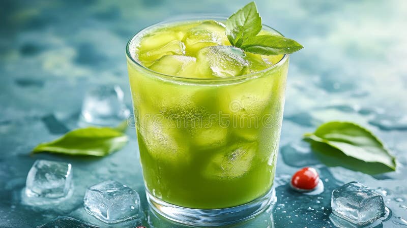 Refreshing Matcha Iced Tea with Ice Cubes and Green Leaves Stock ...