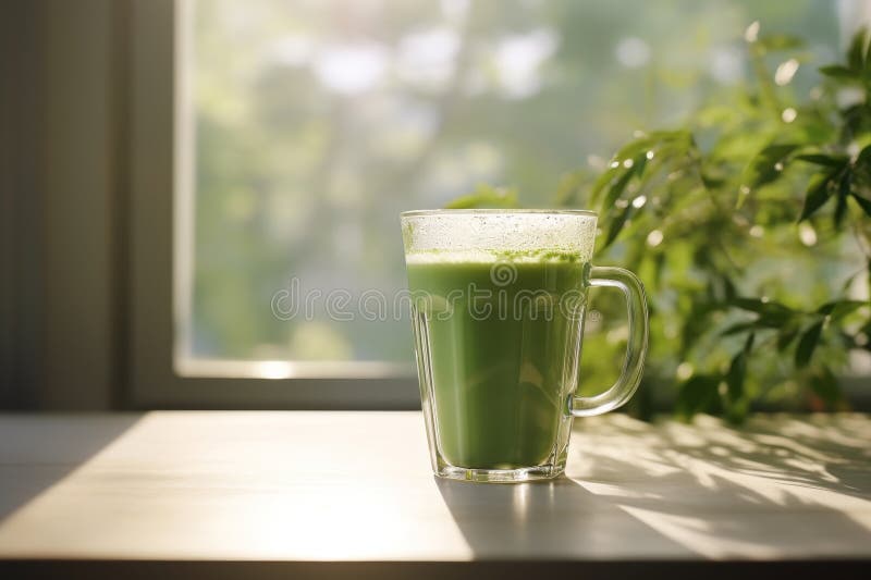 A Refreshing Matcha Latte in a Bright Summer Kitchen Setting with Space ...