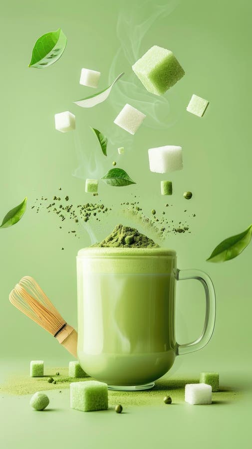Refreshing Matcha Latte with Floating Tea Leaves and Sugar Cubes ...