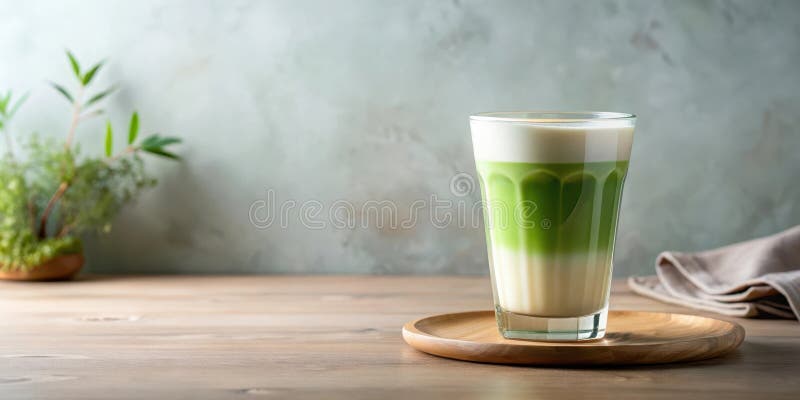 Refreshing Matcha Latte in Glass on Wooden Tray. Generative AI Stock Illustration - Illustration ...