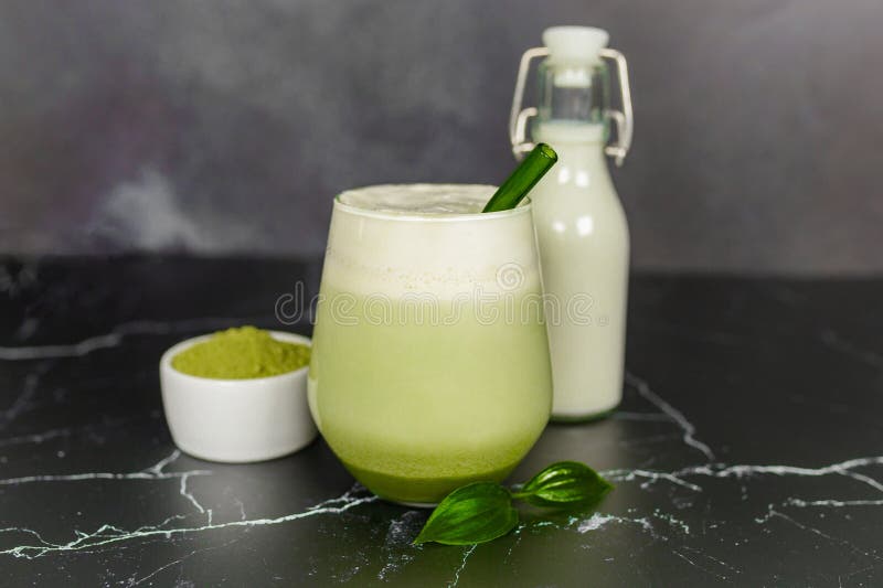 Refreshing Matcha Latte with Powder or Matcha with Milk. Stock Photo ...