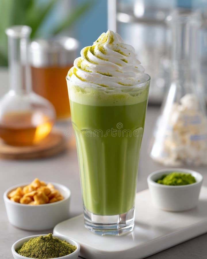 Refreshing Matcha Latte with Whipped Cream and Culinary Ingredients on Table Stock Photo - Image ...