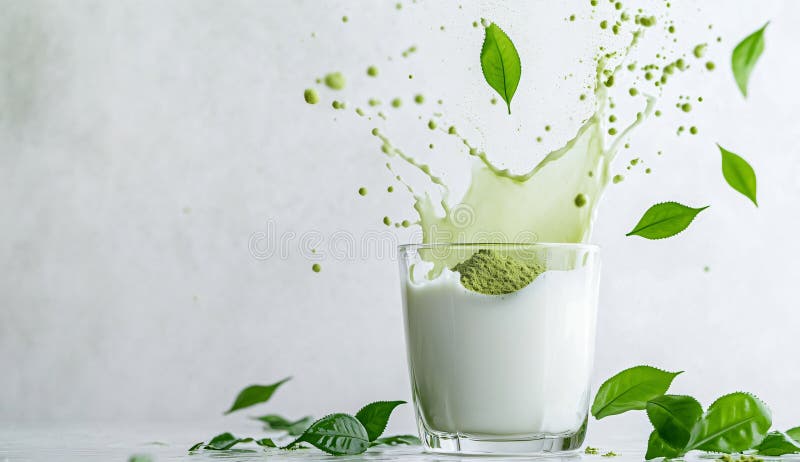 Refreshing Matcha Milk Splash with Green Tea Leaves High Quality Image ...