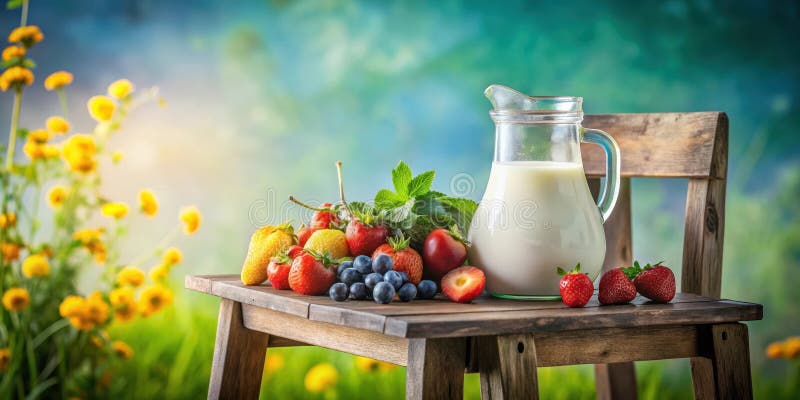 Refreshing Milk Pitcher with Summer Berries and Fruit on Rustic Chair ...