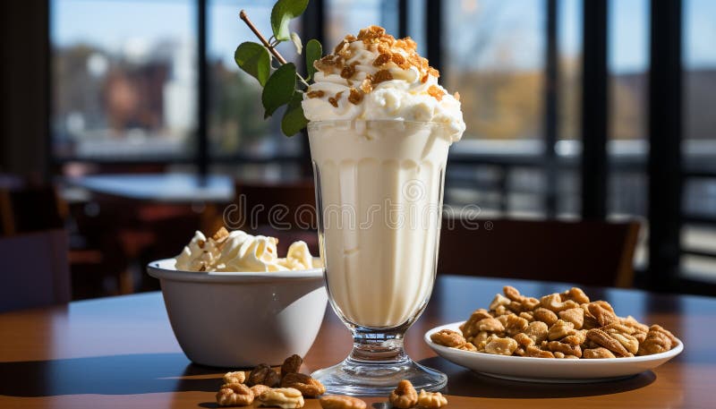 Refreshing Milkshake with Chocolate, Cream, and Fresh Fruit on Table ...