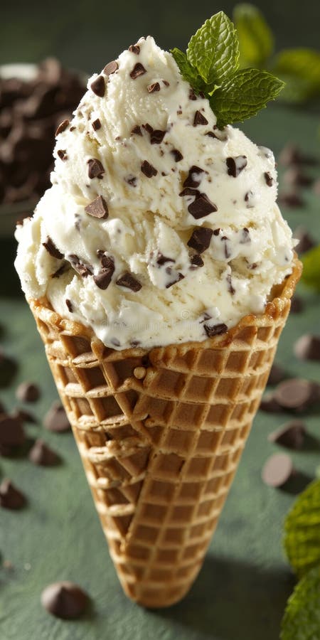 Refreshing Mint Chocolate Chip Ice Cream Cone on Green Background with ...