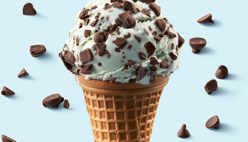Refreshing Mint Chocolate Chip Ice Cream Cone on Light Blue Background ...