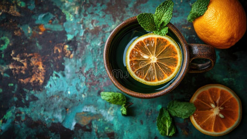 Refreshing Mint and Citrus Tea with Orange Slice on Rustic Background ...