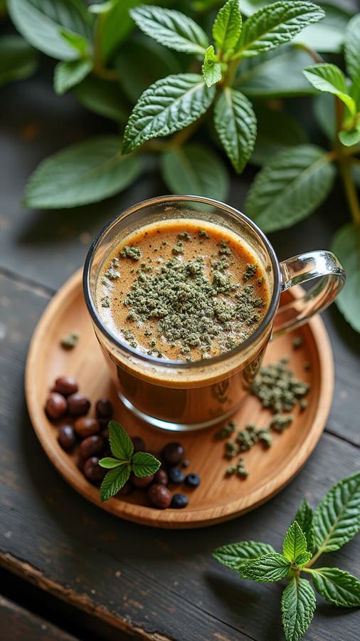 Refreshing Mint Coffee with Matcha Sprinkles and Coffee Beans on Wooden ...