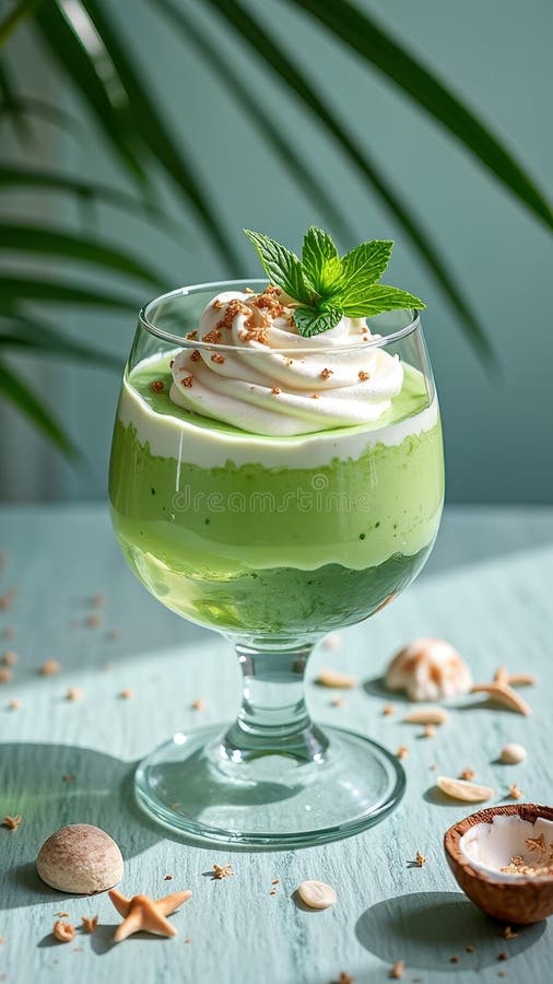 Refreshing Mint Dessert in Glass with Cream Topping and Mint Leaf on ...