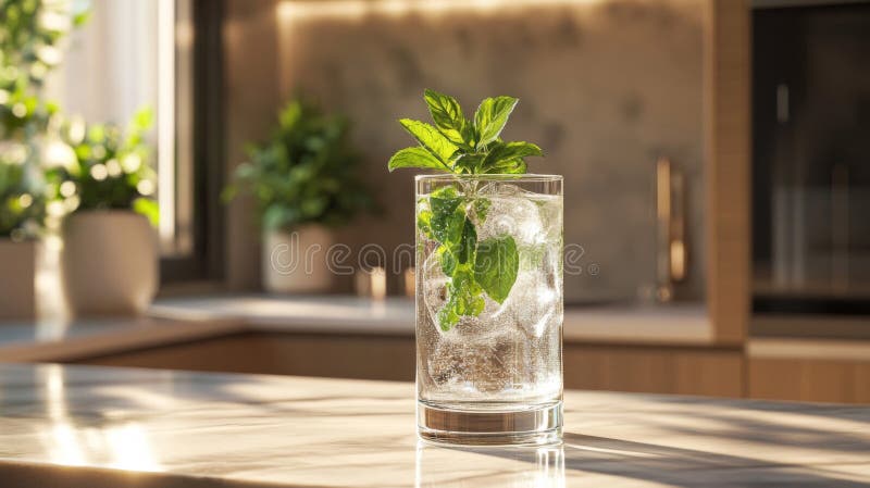 Refreshing Mint Drink in Glass on Kitchen Counter Stock Illustration ...