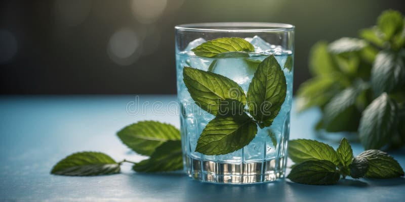 Refreshing Mint Drink with Ice on a Blue Surface Surrounded by Fresh ...