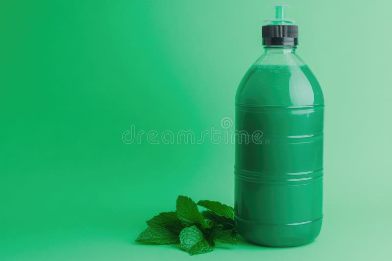 Refreshing Mint Green Liquid Soap Bottle with Leaves on Vibrant Green ...