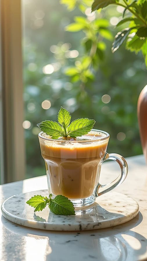 Refreshing Iced Coffee Marble Table Green Leaves Stock Photos - Free ...