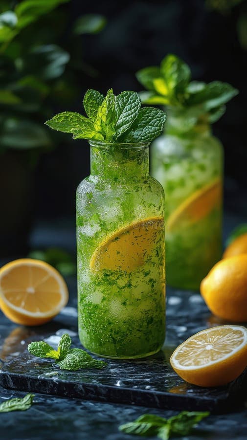 Refreshing Mint Lemonade with Matcha Infusion Garnished with Lemon Slices Stock Photo - Image of ...