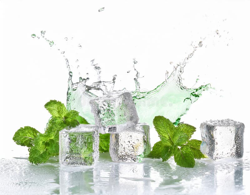 Refreshing Minty Splash: Ice Cubes and Splashing Water on White ...