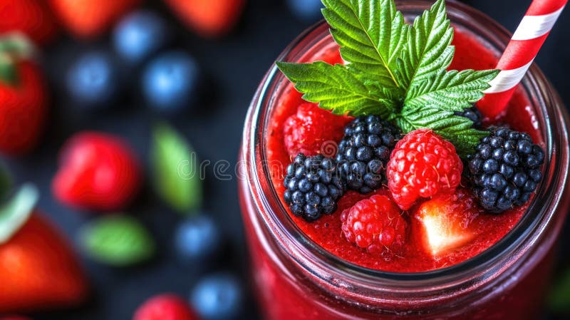 Refreshing Mixed Berry Smoothie with Strawberries and Mint Leaf Garnish ...