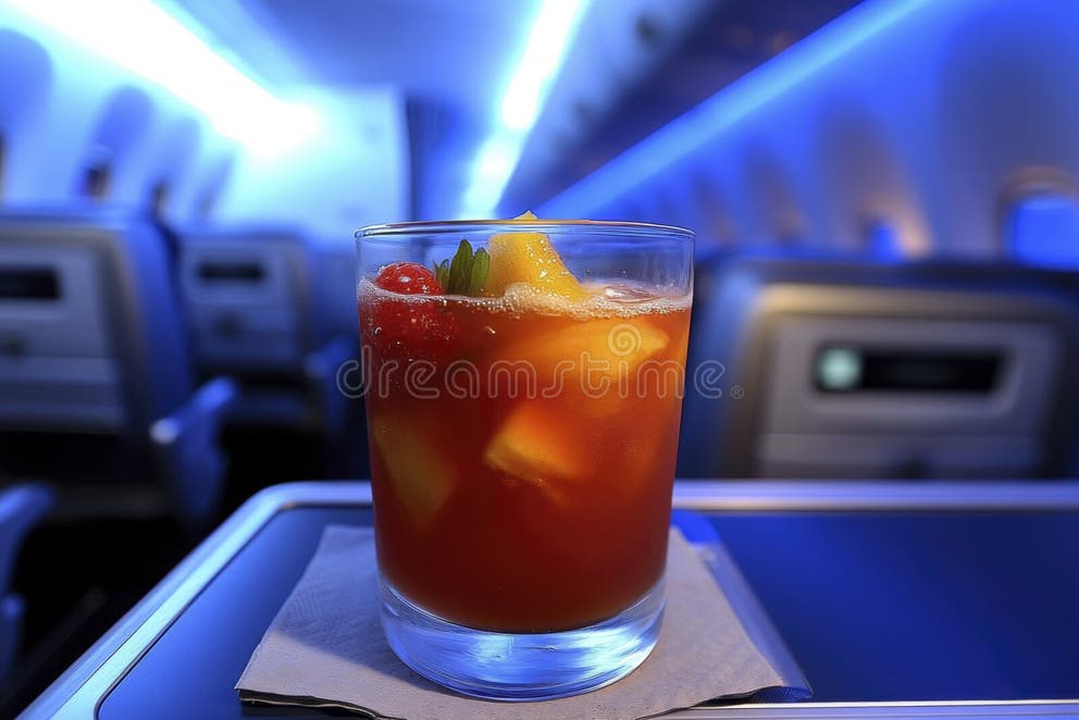 Refreshing Mocktail with Fresh Fruit on Airplane Tray Table for in ...