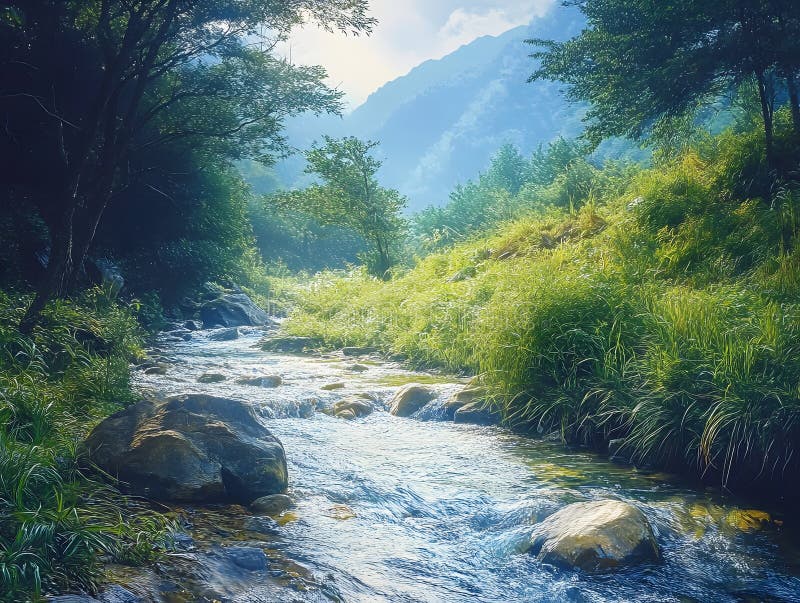 A Refreshing Mountain Stream Valley Stock Illustration - Illustration of majestic, sunlight ...