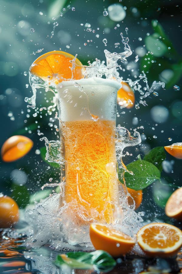 Refreshing Orange Beer Splash with Lush Citrus Background Stock Photo ...