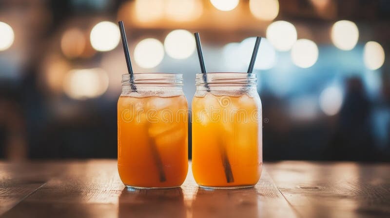 Refreshing Orange Beverages Served in Mason Jars with Ice at a Stylish ...