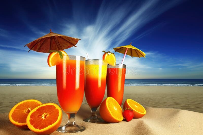 Refreshing Orange Cocktails on Beach Table. Vacation Background Stock ...