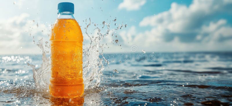 Refreshing Orange Drink Bottle Splashing in Ocean Water Under Bright ...
