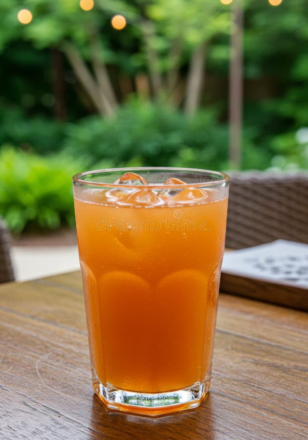 Refreshing Orange Drink with Ice in a Glass on a Wooden Table Outdoors Stock Illustration ...