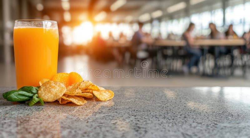 Refreshing Orange Juice and Chips on Bar Counter Stock Illustration ...