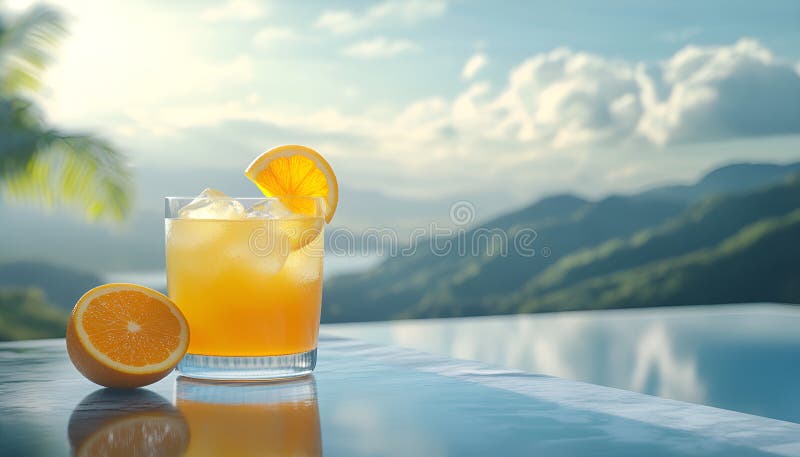 Refreshing Orange Juice beside Scenic Infinity Pool with Mountain View ...