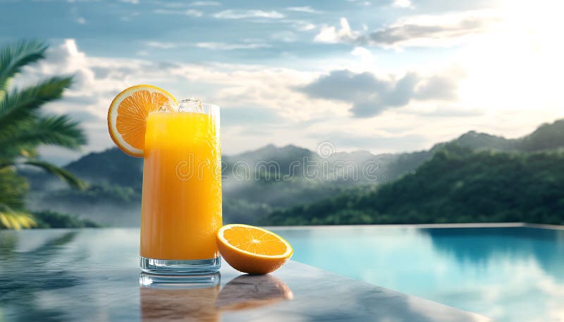 Refreshing Orange Juice beside Scenic Infinity Pool with Mountain View ...