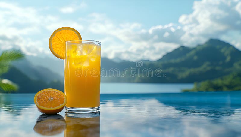Refreshing Orange Juice beside Scenic Infinity Pool with Mountain View ...
