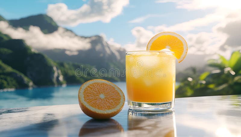 Refreshing Orange Juice beside Scenic Infinity Pool with Mountain View ...