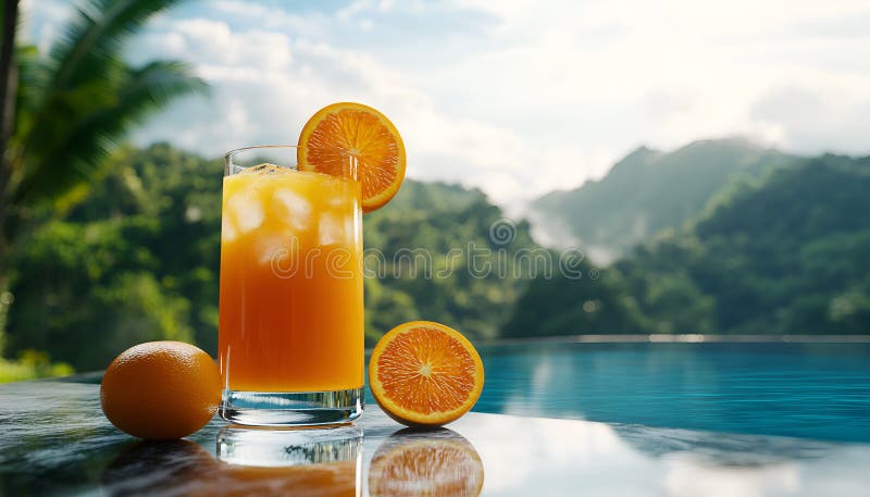 Refreshing Orange Juice beside Scenic Infinity Pool with Mountain View ...