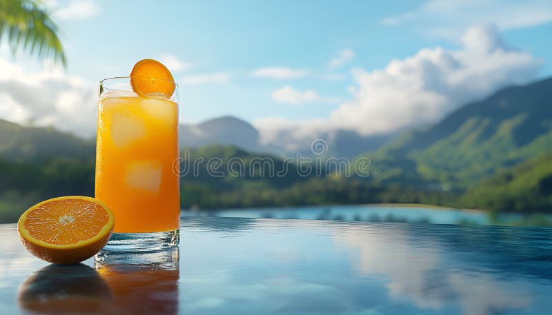Refreshing Orange Juice beside Scenic Infinity Pool with Mountain View ...