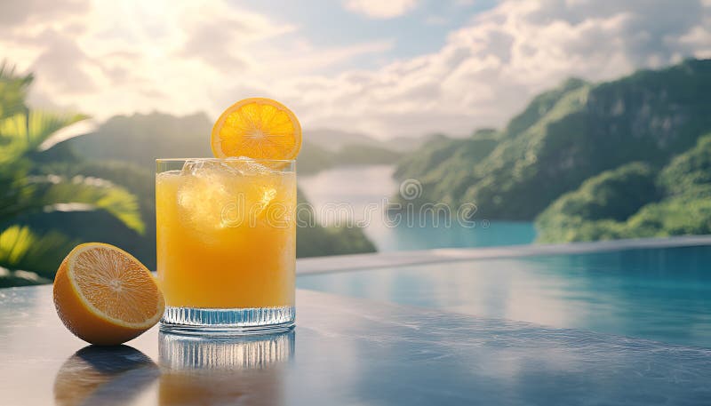 Refreshing Orange Juice beside Scenic Infinity Pool with Mountain View ...