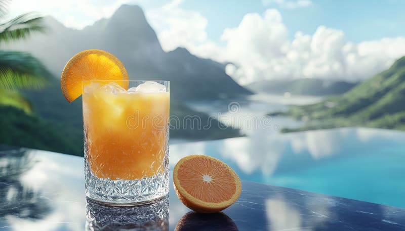 Refreshing Orange Juice beside Scenic Infinity Pool with Mountain View ...