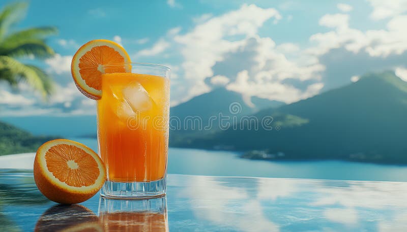 Refreshing Orange Juice beside Scenic Infinity Pool with Mountain View ...