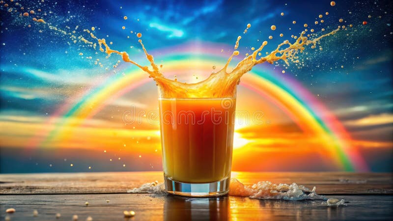 Refreshing Orange Juice Splash Against Vibrant Rainbow Sunset ...
