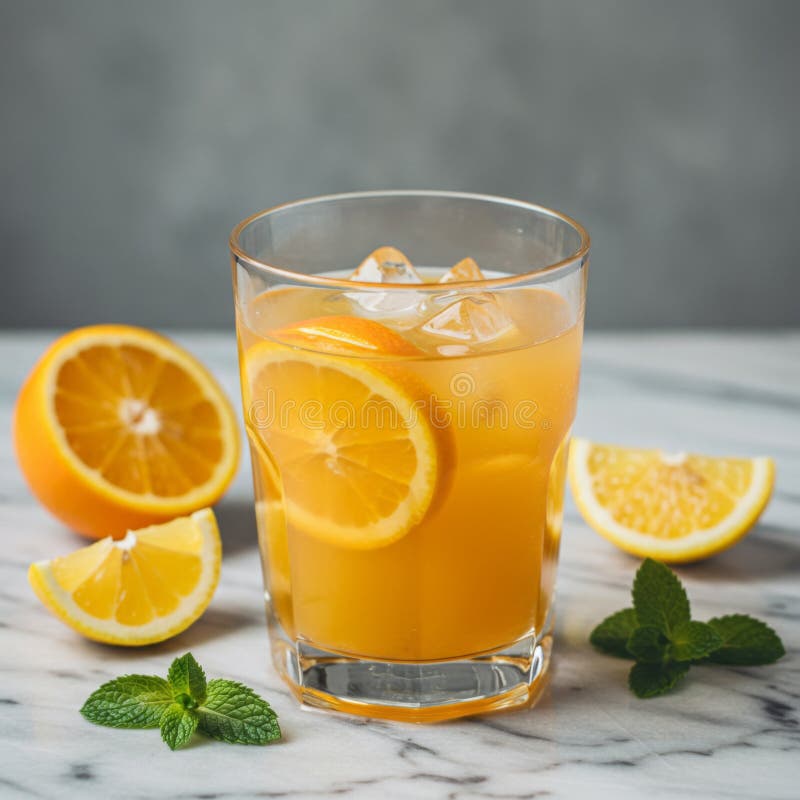 Refreshing Orange and Lemon Juice with Ice and Mint Stock Illustration ...