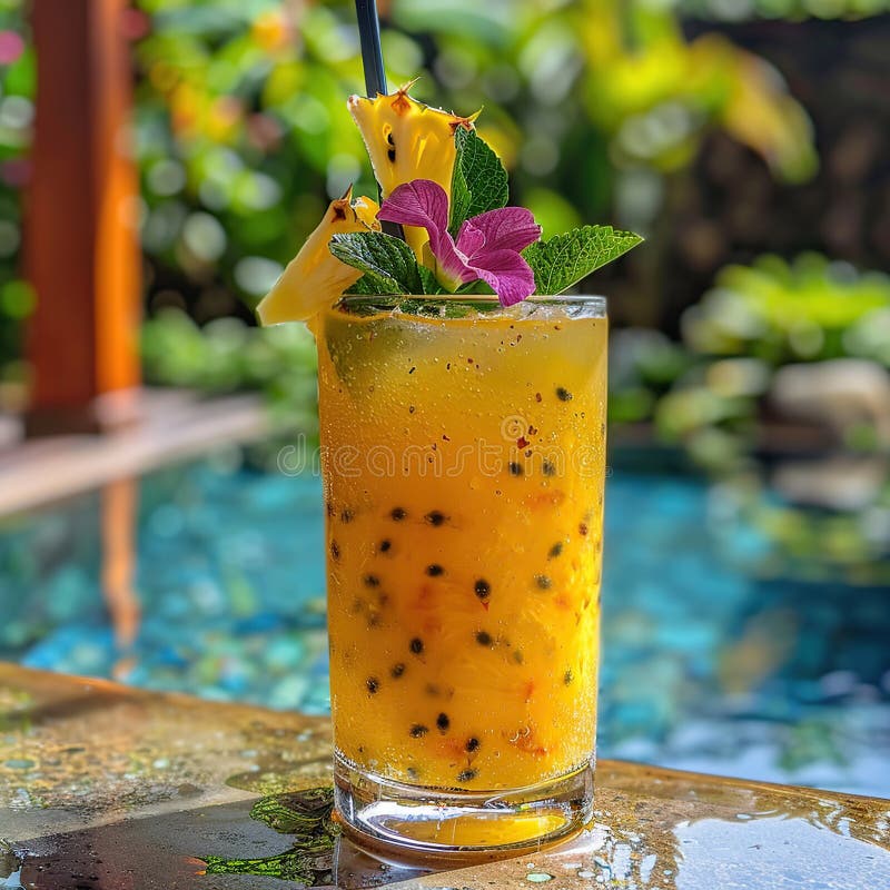 Refreshing Passion Fruit Pineapple Cocktail by the Pool Stock Photo ...