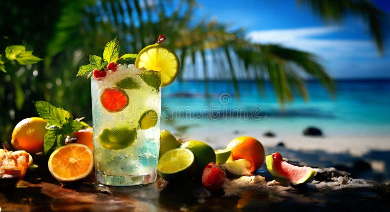 Refreshing Pause in Paradise: Tropical Drinks on a Sunny Beach Stock ...