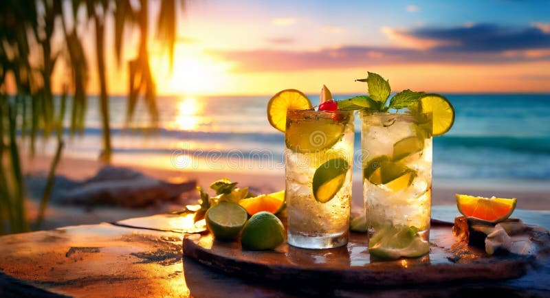 Refreshing Pause in Paradise: Tropical Drinks on a Sunny Beach Stock ...