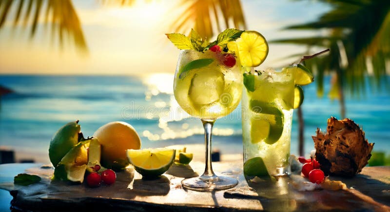Refreshing Pause in Paradise: Tropical Drinks on a Sunny Beach Stock ...