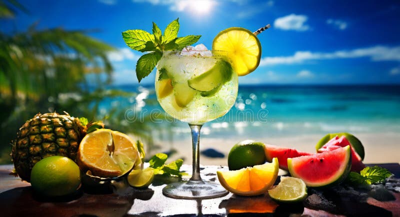 Refreshing Pause in Paradise: Tropical Drinks on a Sunny Beach Stock ...