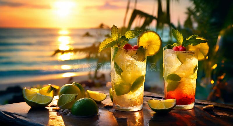 Refreshing Pause in Paradise: Tropical Drinks on a Sunny Beach Stock ...