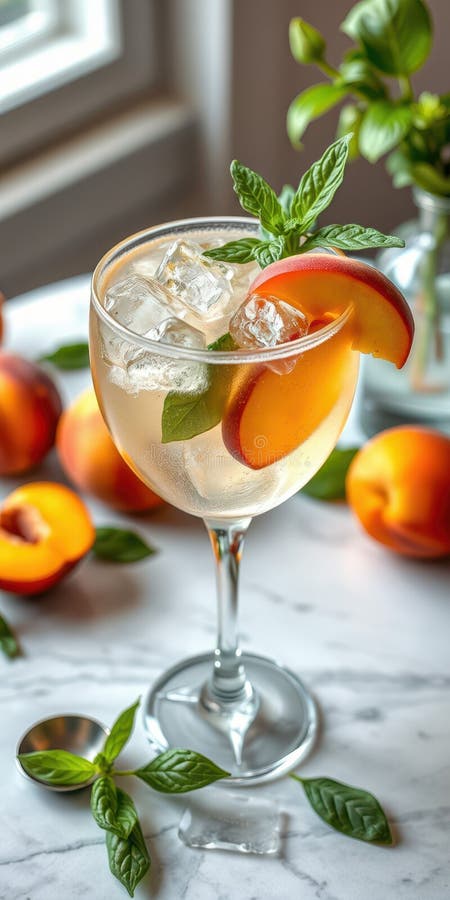 Refreshing Peach Cocktail with Mint Garnish Served on a Marble Table ...