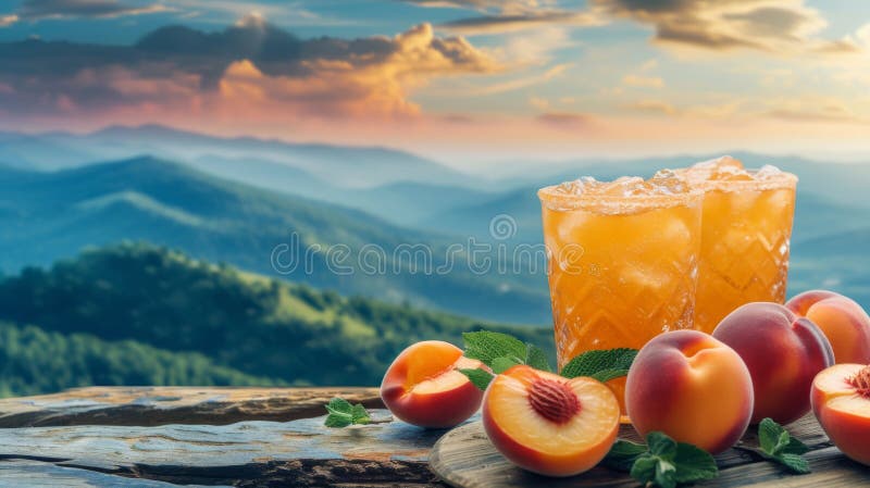 Refreshing Peach Cocktails on Wooden Table with Mountain Sunset View ...